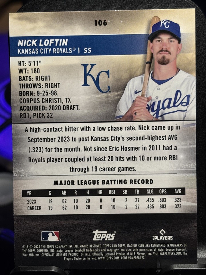 2024 Topps Stadium Club - Sepia #106 Nick Loftin rookie Kansas City ...