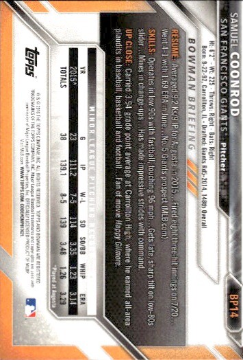 2016 Bowman #BP14 Samuel Coonrod Prospects San Francisco Giants ...