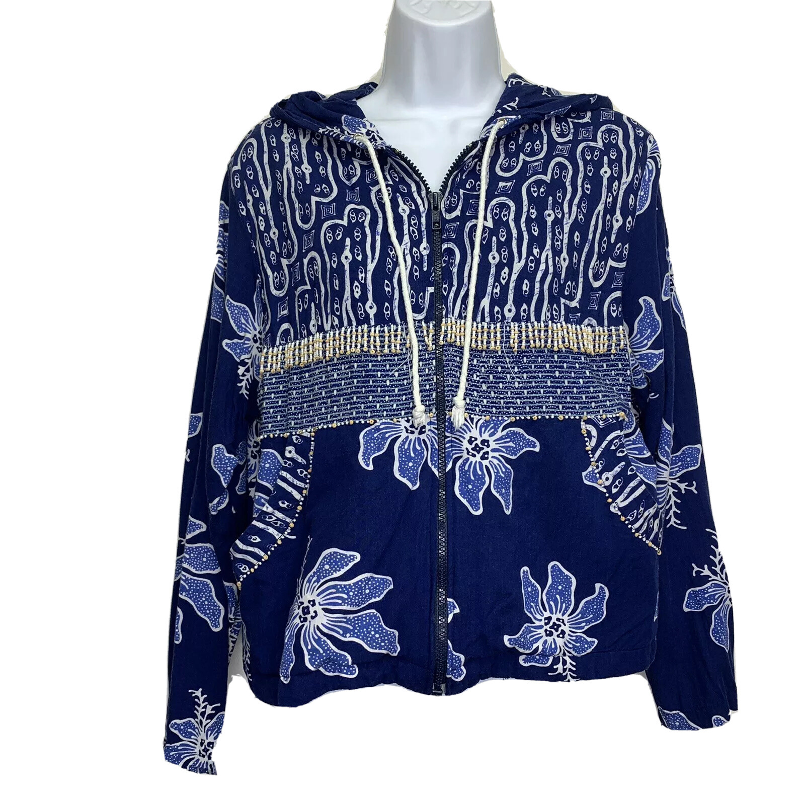 Surya Size M Blue Hooded Jacket Blazer light Coat Cropped Batik Art ...
