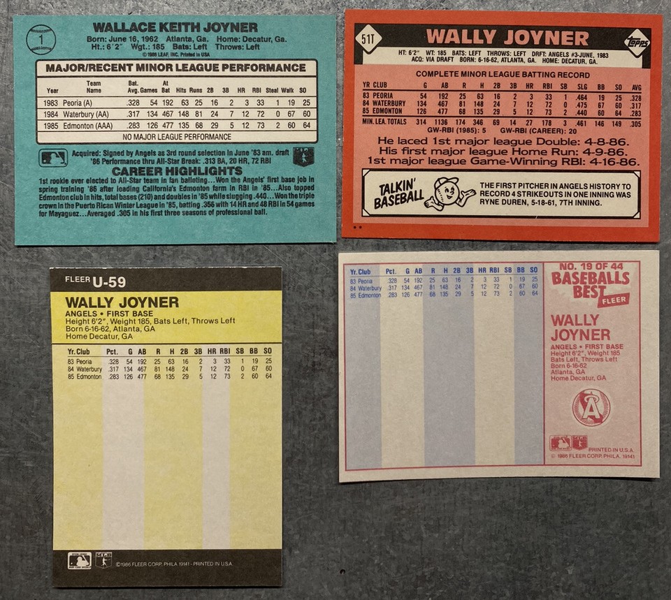 SALE!!! 1986 WALLY JOYNER 4-CARD ROOKIE COLLECTION * ALL-STAR * ANGELS ...