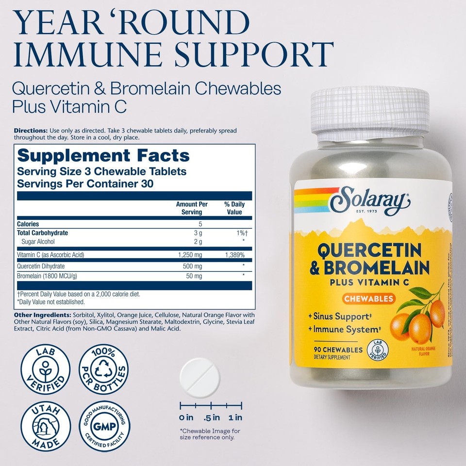 SOLARAY Quercetin with Bromelain and Vitamin C Chewables - Immune ...