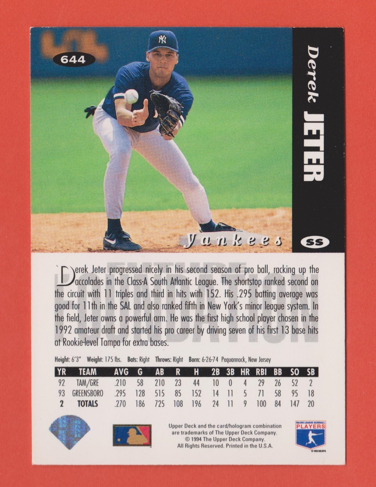 1994 Collector's Choice Silver Signature WHITE LETTER Derek Jeter #644 ...