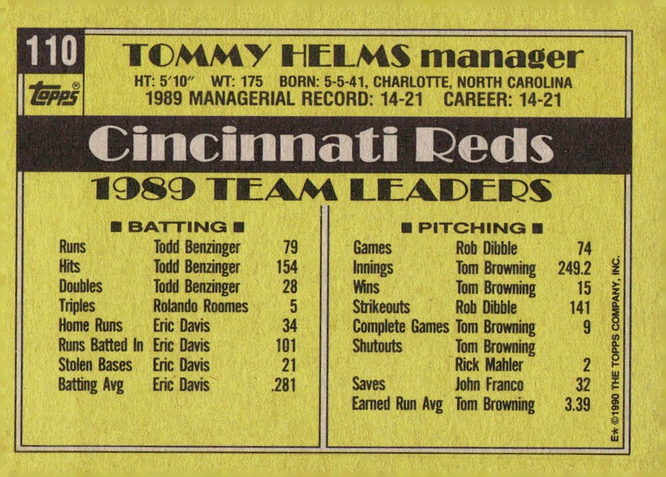 1990 Topps #110 Tommy Helms -MANAGER- Cincinnati Reds | eBay