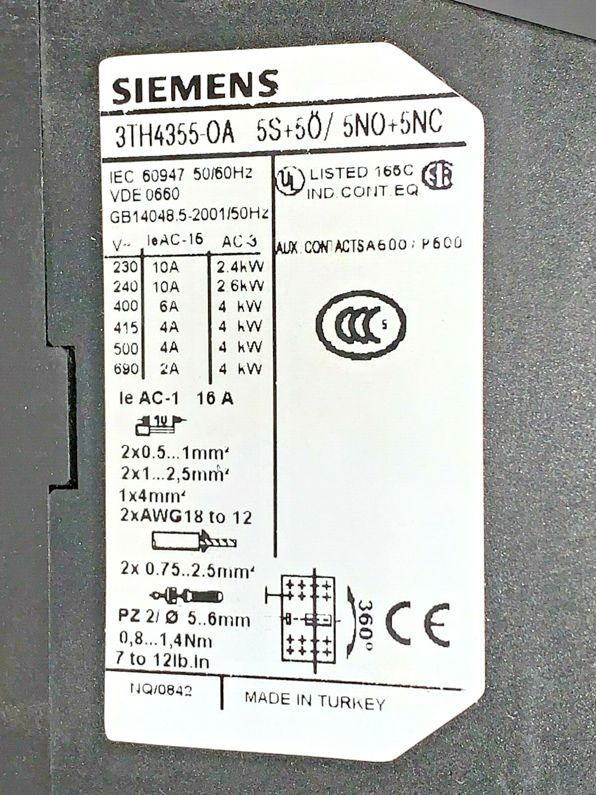 SIEMENS CONTROL RELAY, 3TH43 55-0AP6, 240/220 VOLT, 50/60 HZ, 5 POLE ...