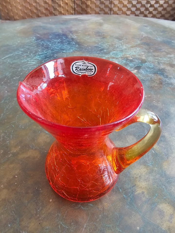 Rainbow Art Glass Hand Blown Crackle Pitcher – Ruby Red & Amber ...