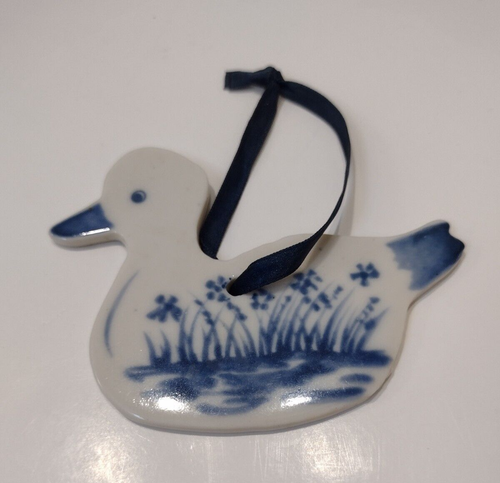Vintage Russ Berrie Blue Delft Duck Ornament Ceramic Porcelain White ...