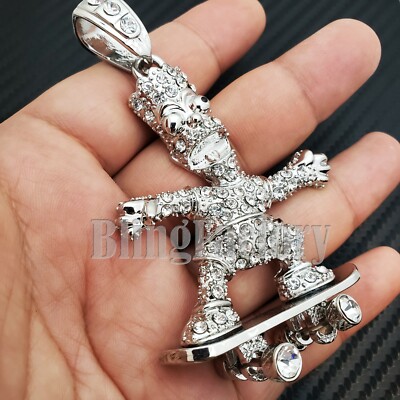 HIP HOP ICED SILVER PLATED CUBIC ZIRCONIA RAPPER'S SIMPSON SKATEBOARD ...