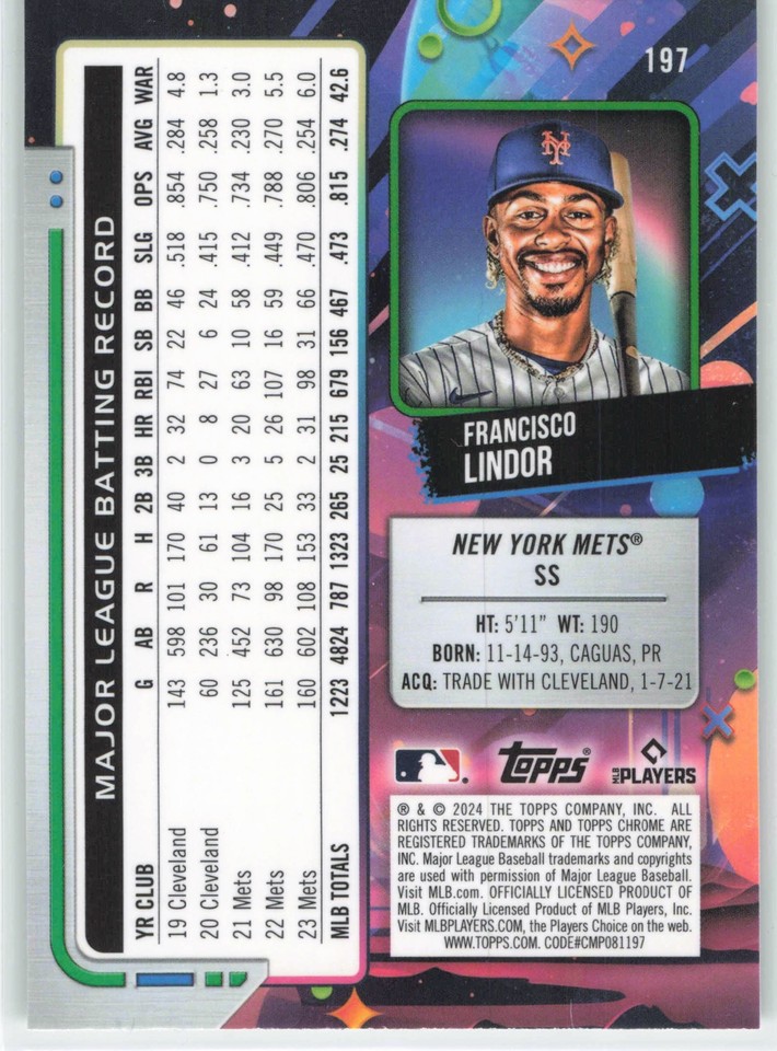 2024 Topps Chrome Cosmic #197 Francisco Lindor Nucleus Refractors | eBay