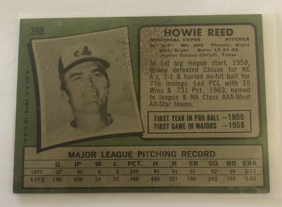1971 Topps Howie Reed Montreal Expos Pitcher #398 Freshly Packaged | eBay