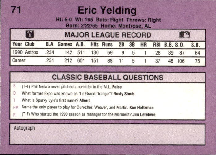 Eric Yelding 1991 Classic Game #71 Houston Astros | eBay