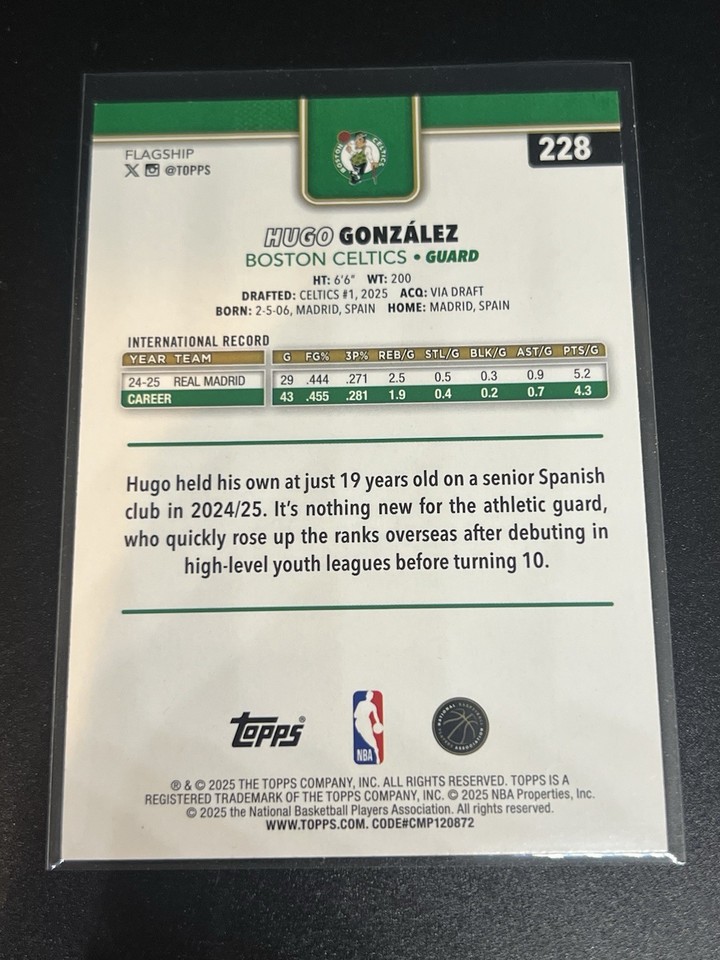 2025-26 Topps Basketball HUGO GONZALEZ Sand Glitter #228 Celtics Foil ...
