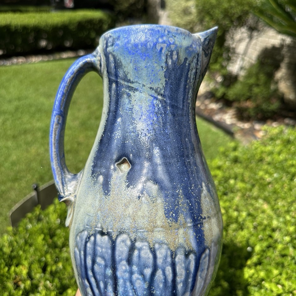 Tim Sherman Studio Pottery Pitcher Wood Fired Blue Drip Ash Glaze ...
