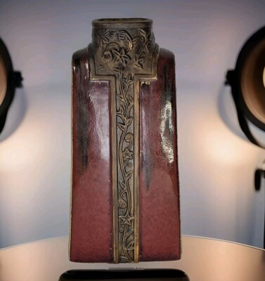 Medieval Style Vase Burgundy With Gold Accent Drip Glaze Tall Sturdy ...