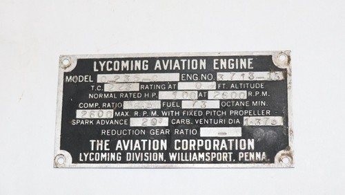 Original Lycoming O-235-C Aircraft Engine Data Plate, Authentic, #1 | eBay