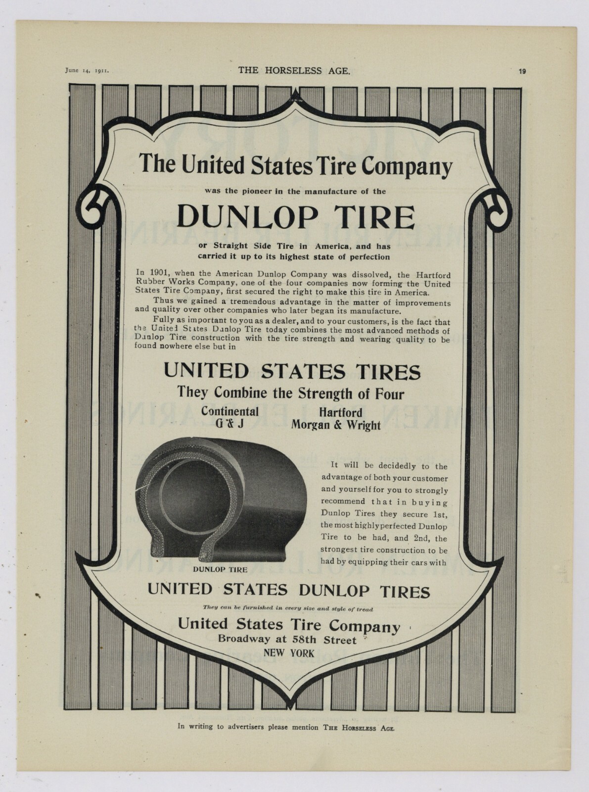 1911 United States Tire Co. Ad: Dunlop Tires - History of Co. Hartford ...