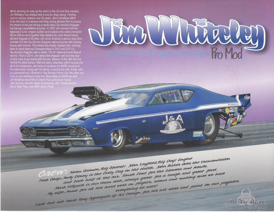 2017 JIM WHITELEY "J&A SERVICE 69 CHEVELLE" NHRA PRO MOD HANDOUT ...