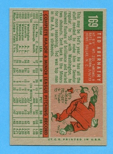 1959 TOPPS # 169 TED ABERNATHY WASHINGTON SENATORS VGEX+ FREE SHIPPING ...