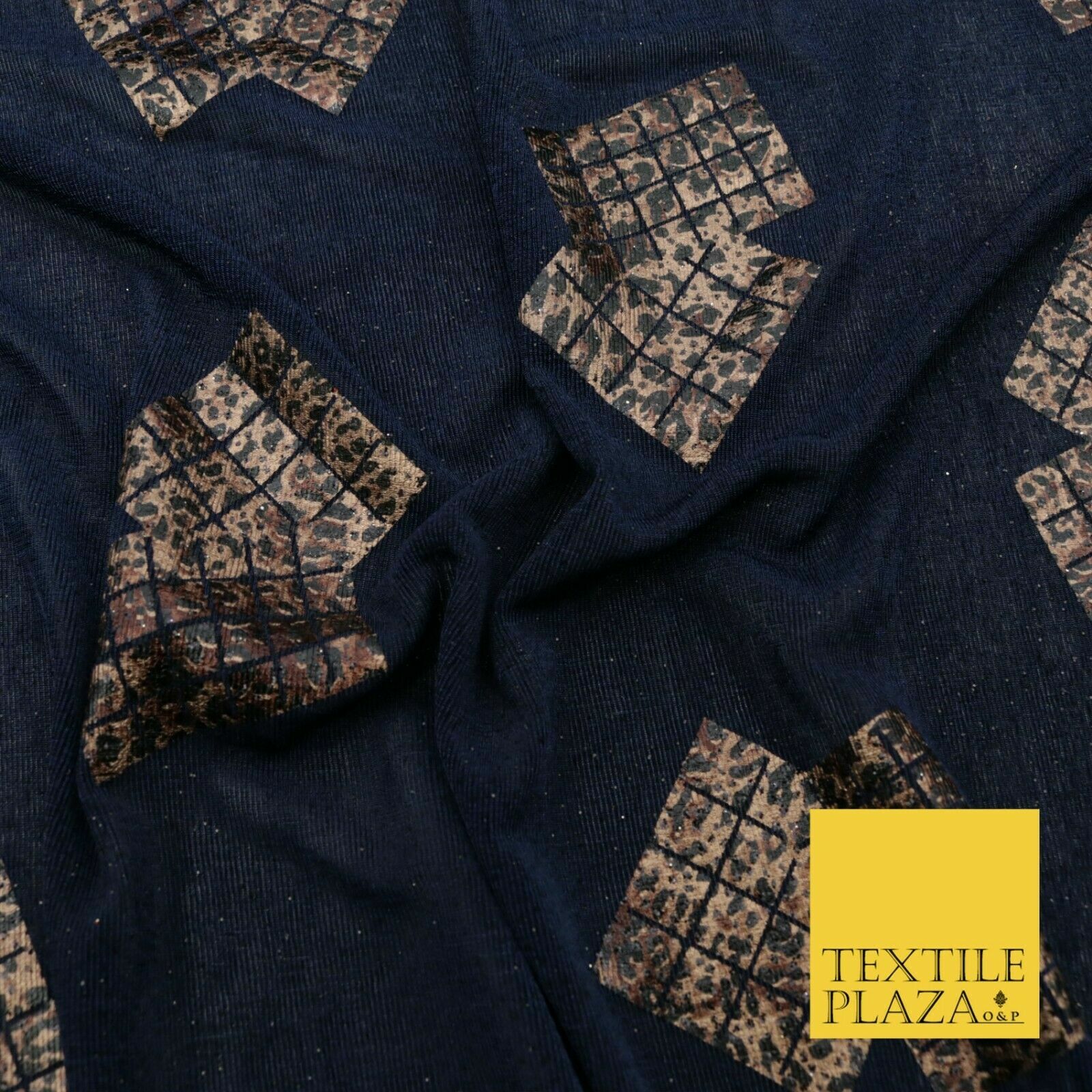 NAVY BLUE Leopard Waffle Cube Metallic Glitter Stretch Jersey Fabric ...