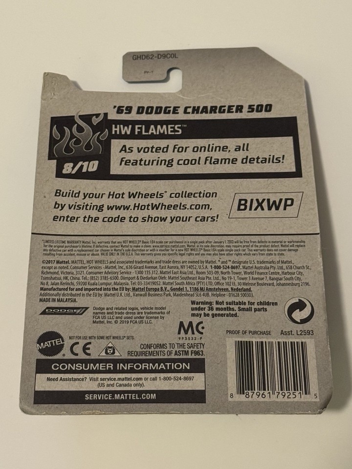 Hot Wheels '69 Dodge Charger 500 HW Flames 2019 1:64 Diecast Car Purple ...