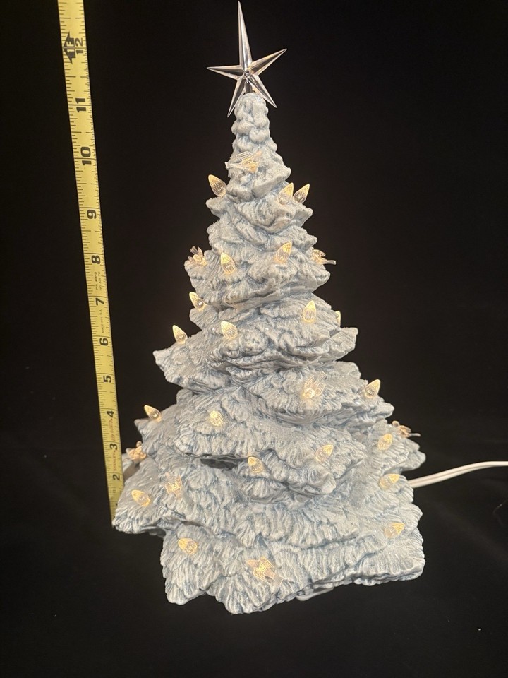 Vintage Ceramic Christmas Tree & Base Blue Snow Flocked Glitter Clear ...