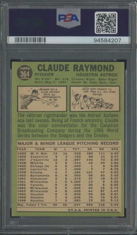 1967 Topps #364 Claude Raymond Houston Astros PSA 9 MINT | eBay