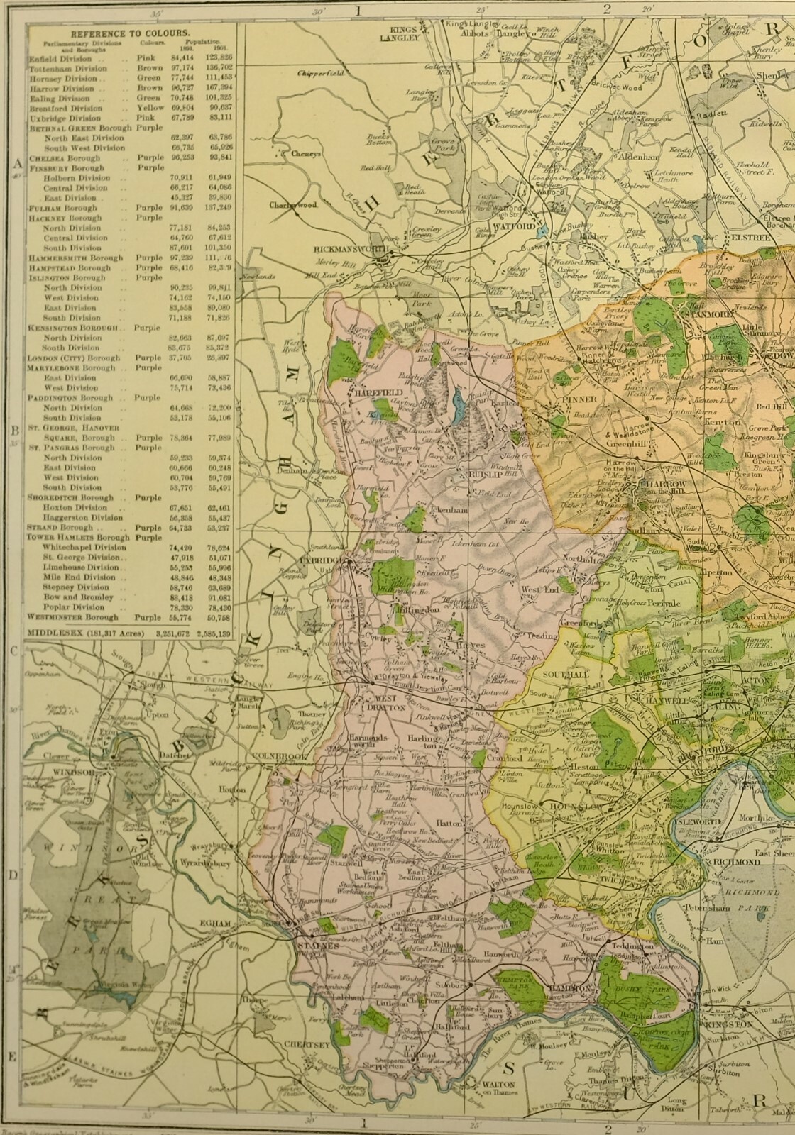 1902 MAP MIDDLESEX LONDON BATTERSEA FULHAM EALING HARROW ON THE HILL ...