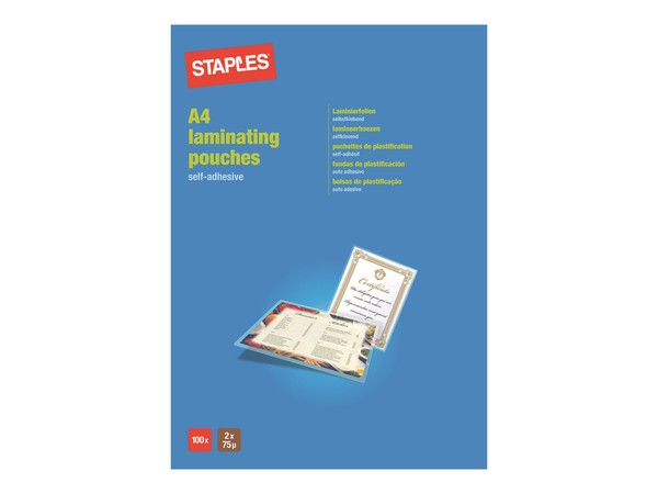 Staples A4 Self Adhesive Laminating Pouches 2 X 75 Micron 100 Sheets ...