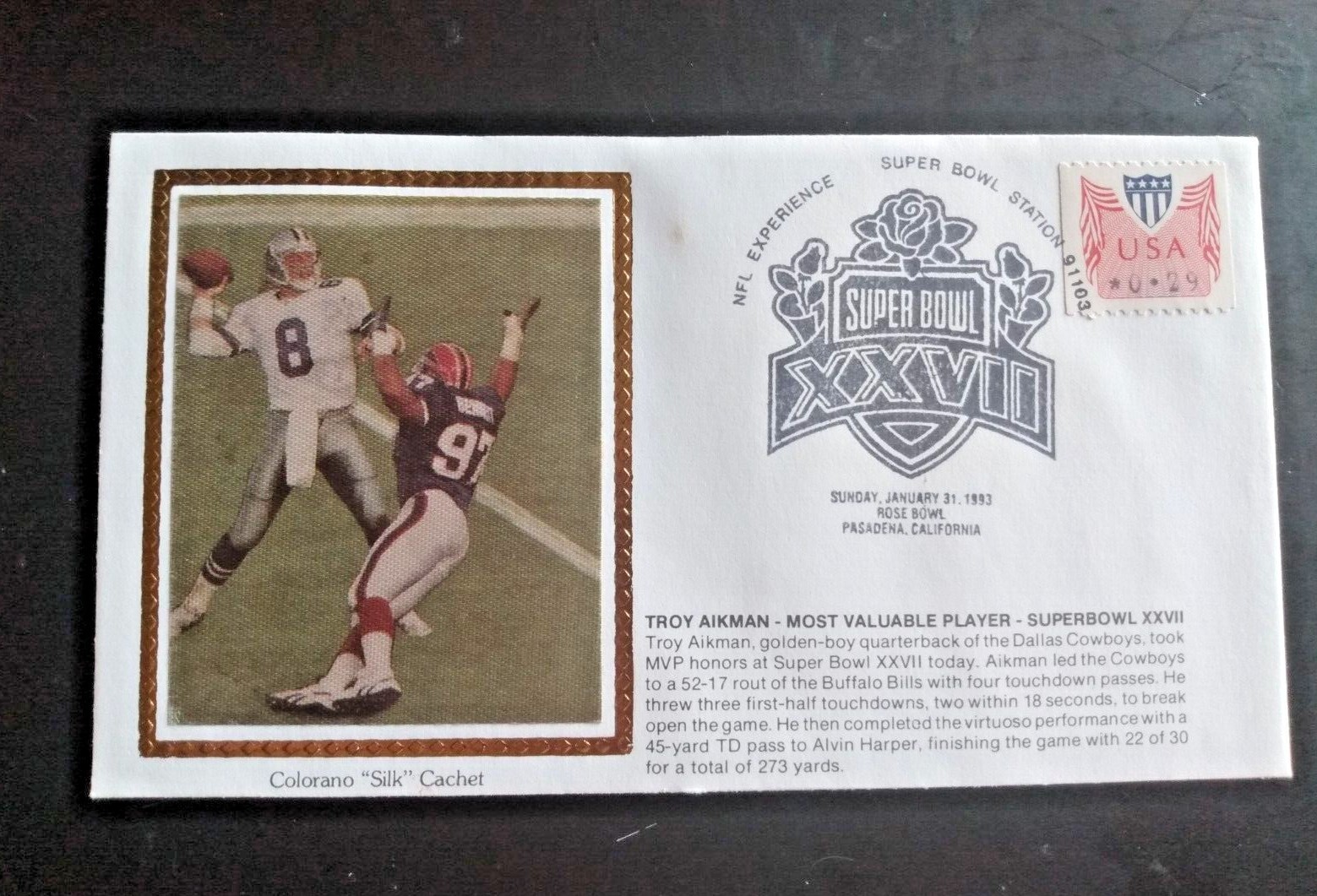 FOOTBALL SUPER BOWL 28 1993 AIKMAN MVP COWBOYS- BILLS COLORANO SILK ...