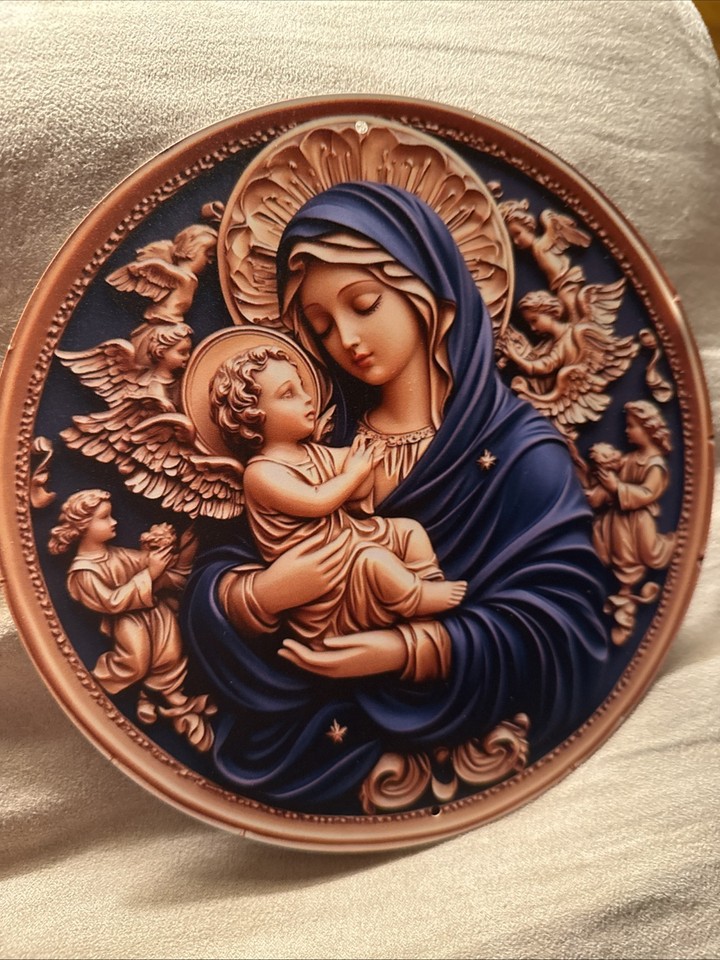 Virgin Mary W/ Baby Jesus W/Angels Around Border Round 8”x8” Wall ...