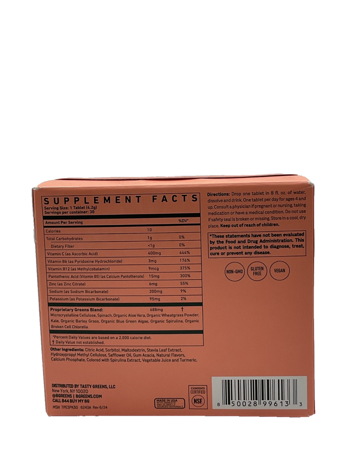 8Greens Daily Greens Effervescent Tablets - Peach- 30 Tablets Exp 08/ ...