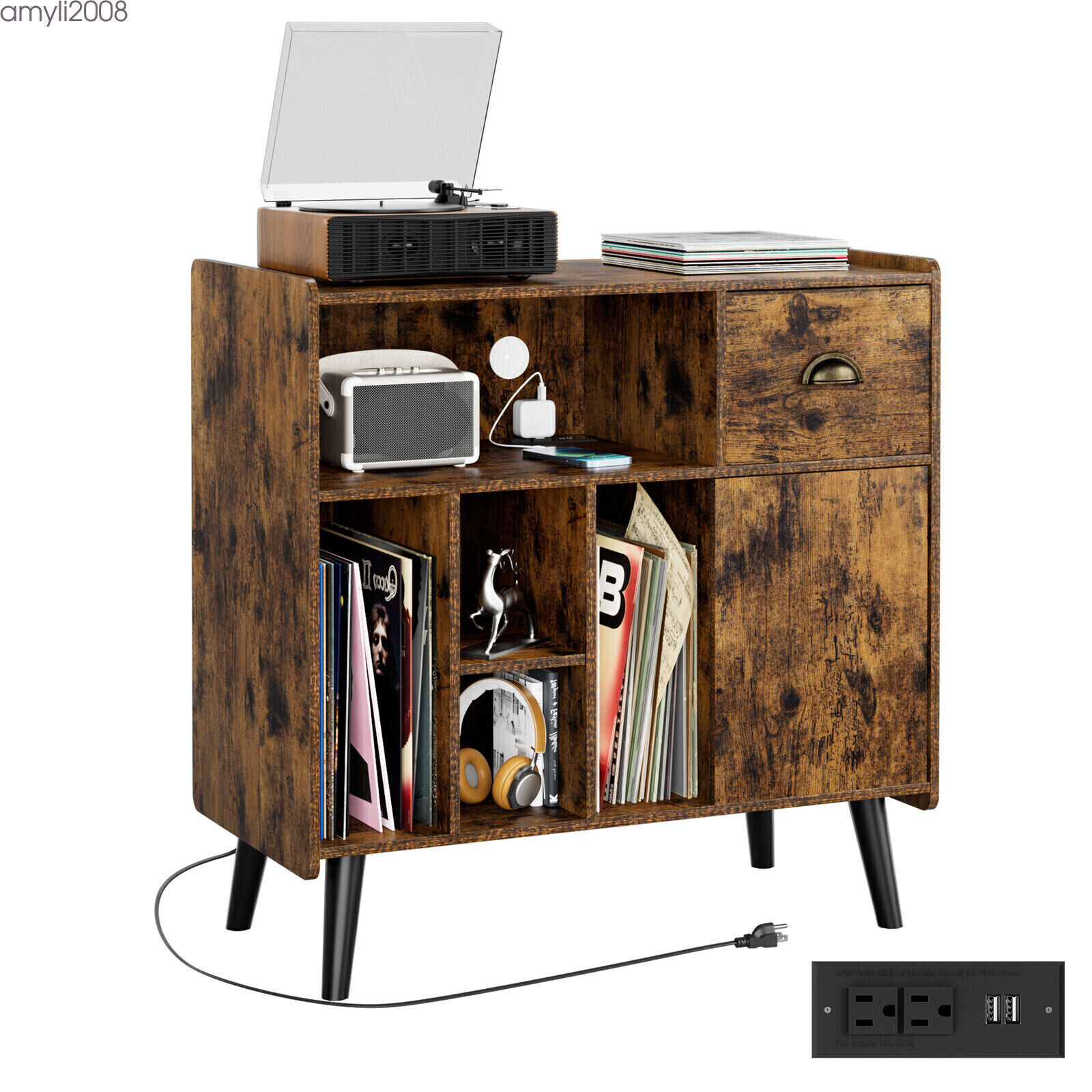 CD Record Player Stand Album Storage Cabinet Turntable Table with Power ...