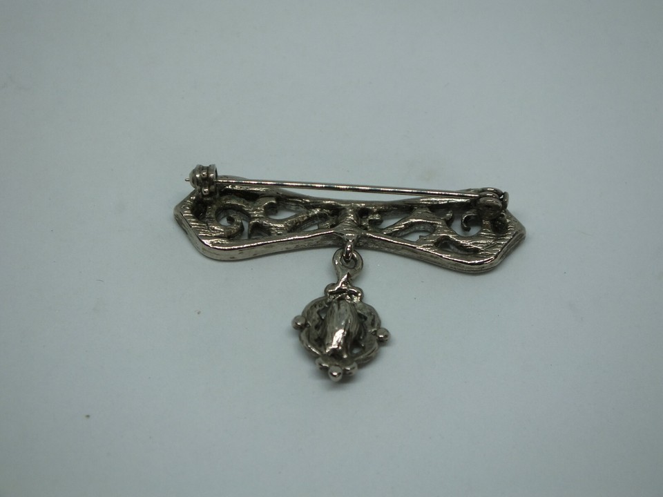 Beautiful Brooch Pin Silver Tone Clear Rhinestones Dangling Charm 2 x 1 ...