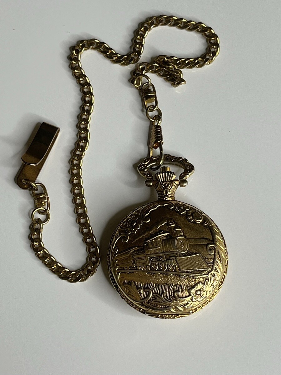 Train Pocket Watch With Chain Silver/Gold Steam Locomotive Pocket