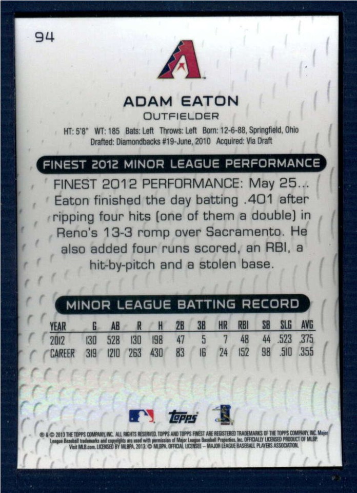 2013 Topps Finest #94 Adam Eaton 13 RC Rookie Diamondbacks ID:151823 | eBay