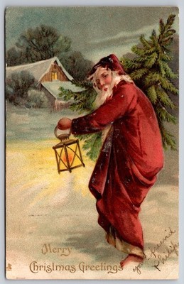 Raphael Tuck & Son Santa Claus in Red Robe Barefoot With Lantern & Tree ...
