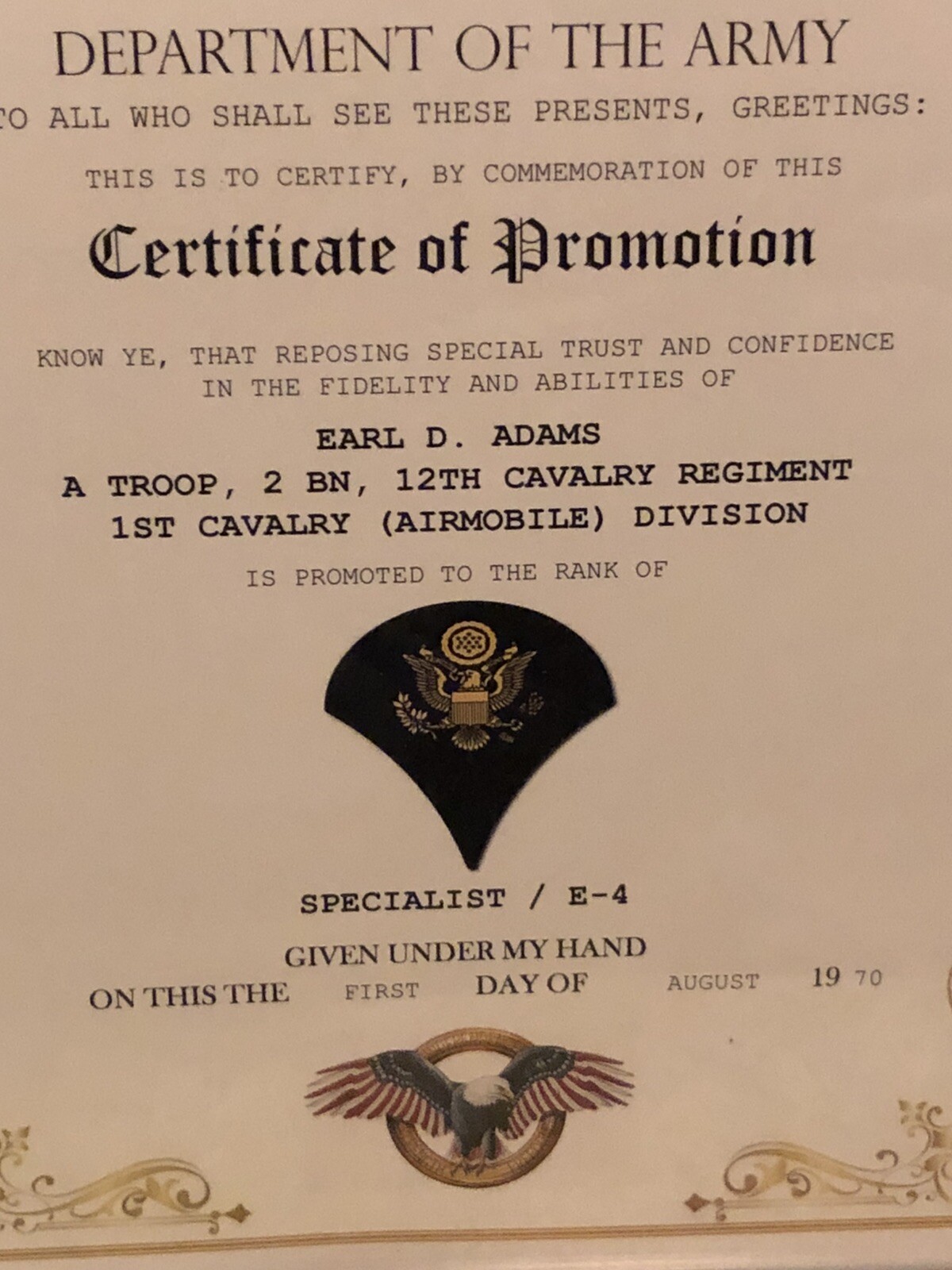 SPECIALIST / SPC-4 (E-4) U.S. Army ~ Commemorative Promotion ...