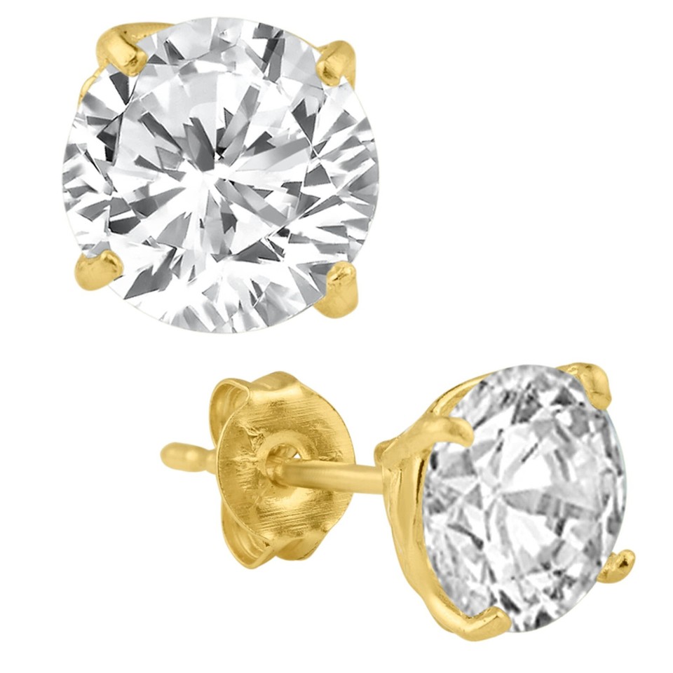 14K Solid Yellow Gold Round Solitaire Cubic Zirconia Push Back Ear Stud ...