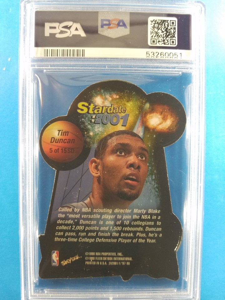 1997-98 SKYBOX E-X 2001 #5 TIM DUNCAN ROOKIE PSA 8 STAR DATE 2001 DIE ...
