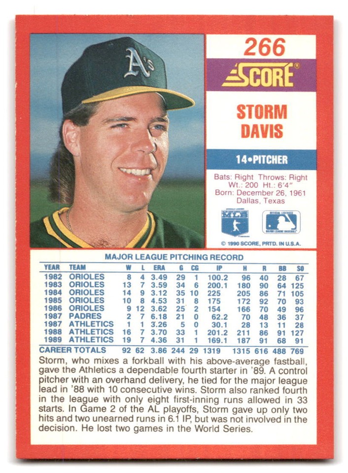 Storm Davis 1990 Score Baseball #266 Oakland Athletics | eBay