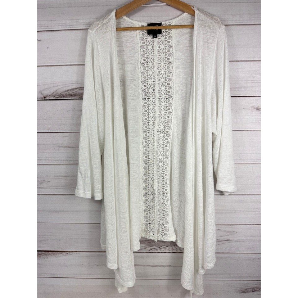 W5 White Lace Trim Open Front Long Sleeve Duster Cardigan Women's 3X ...