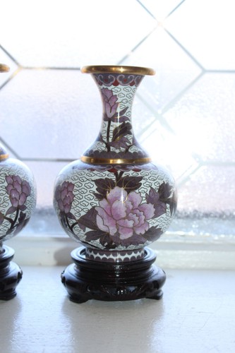 Pair of Vintage Chinese Cloisonne Vases with Wood Stands | eBay