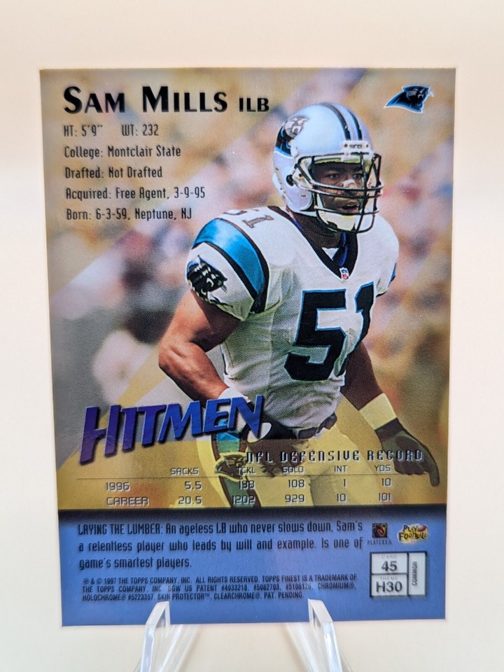 1997 Topps Finest Sam Mills Hitmen football card #45 w/coating Panthers ...