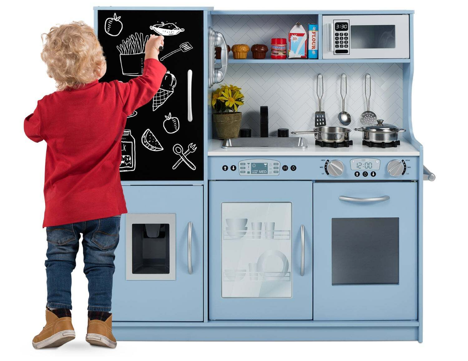 Blue Pretend Play Kitchen Toy Set Home Children Kids Chalkboard Fridge ...