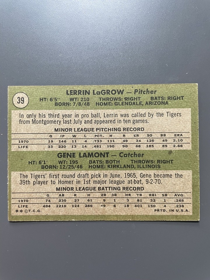 1971 Topps #39 Tigers Rookies - Lerrin LaGrow / Gene Lamont RC | eBay