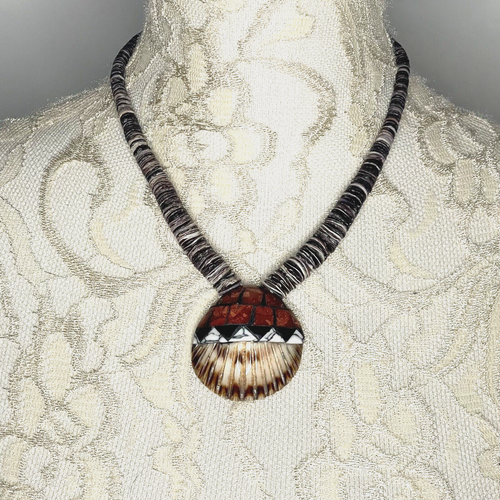 Native American Handmade Mosaic Scallop Shell Pendant Heishi Shell ...