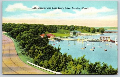 Illinois~Lake Decatur & Lake Shore Drive~American Art Vintage Linen ...