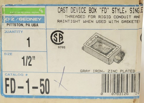 OZ GEDNEY FD-1-50 CAST DEVICE BOX FD Single GANG Size 1/2" | eBay