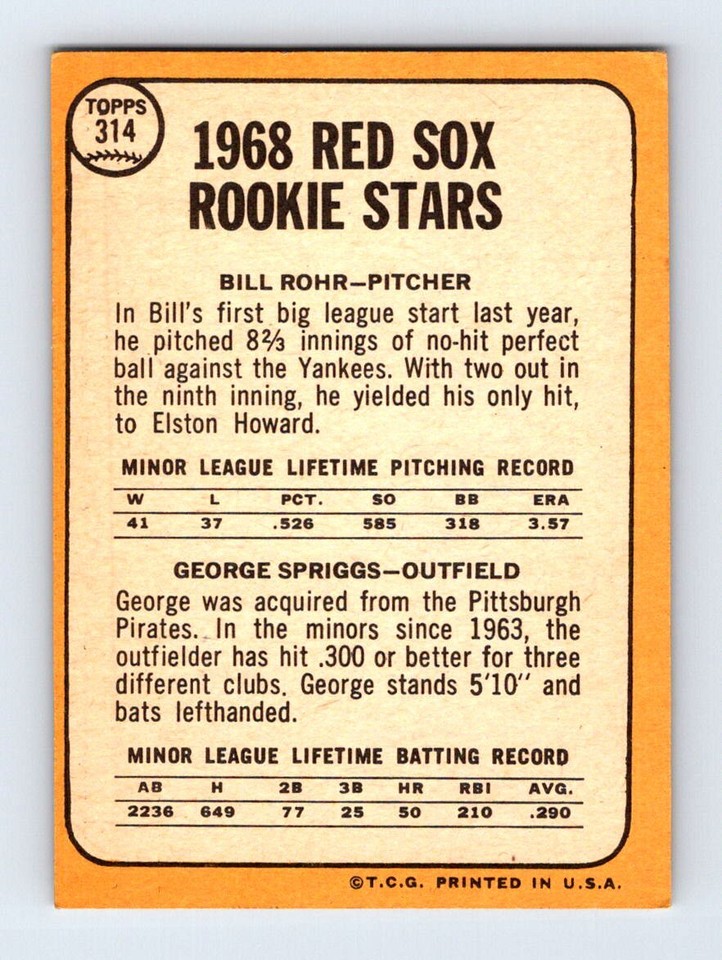 1968 Topps #314 Red Sox 1968 Rookie Stars (Bill Rohr / George Spriggs ...
