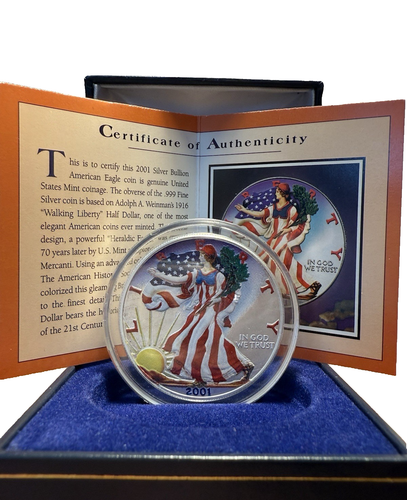 2001 American Silver Eagle Colorized-1oz .999 Fine Silver W/ COA & BOX | eBay