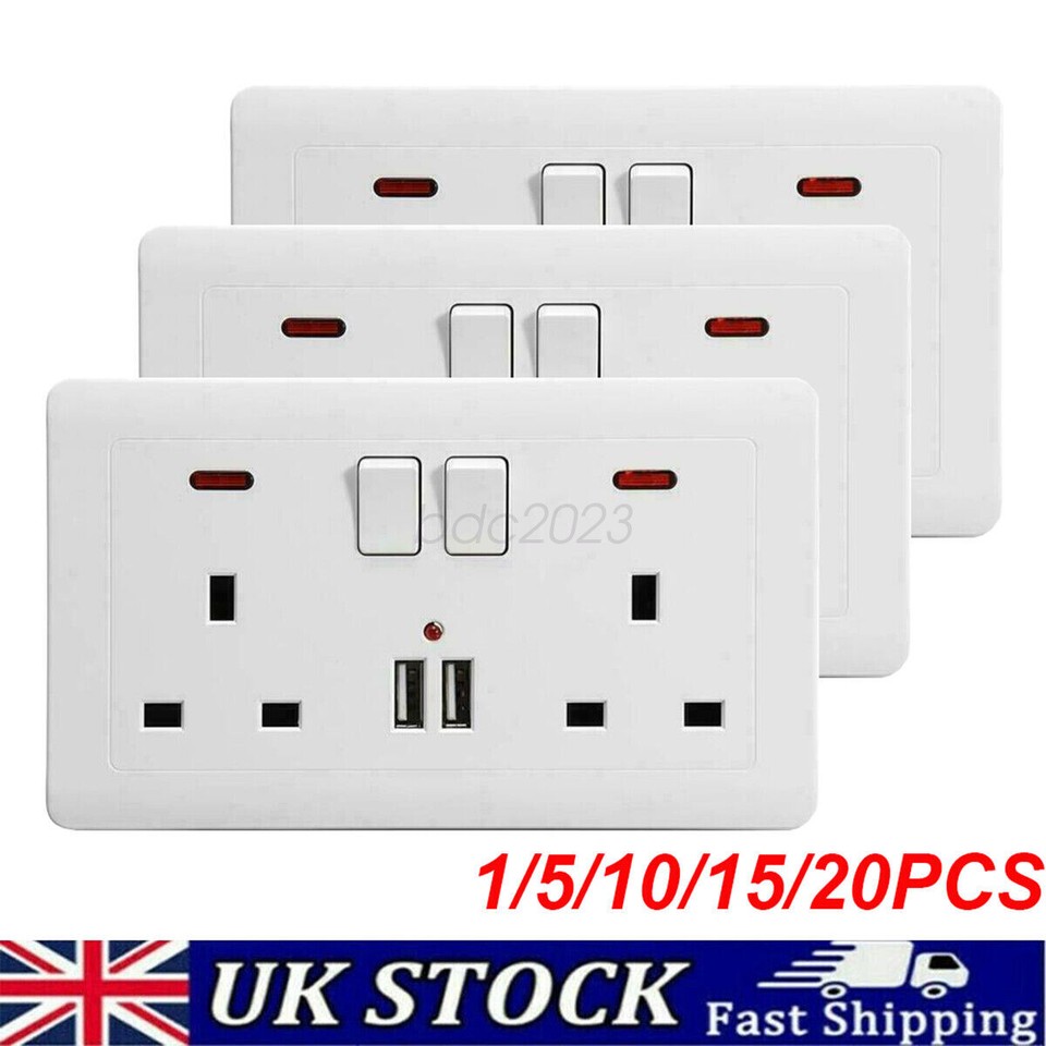 20x Double Wall Plug Socket 2 Gang 13A w/ 2 Charger USB Ports Outlets ...